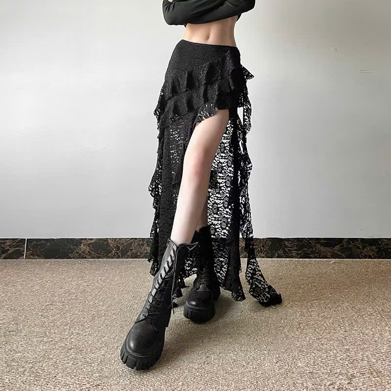 P154 - trendy layered slanted lace skirt with sexy personality tassels ...