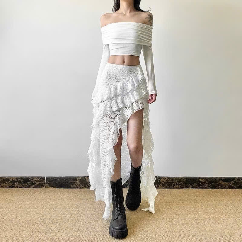 P154 - trendy layered slanted lace skirt with sexy personality tassels ...