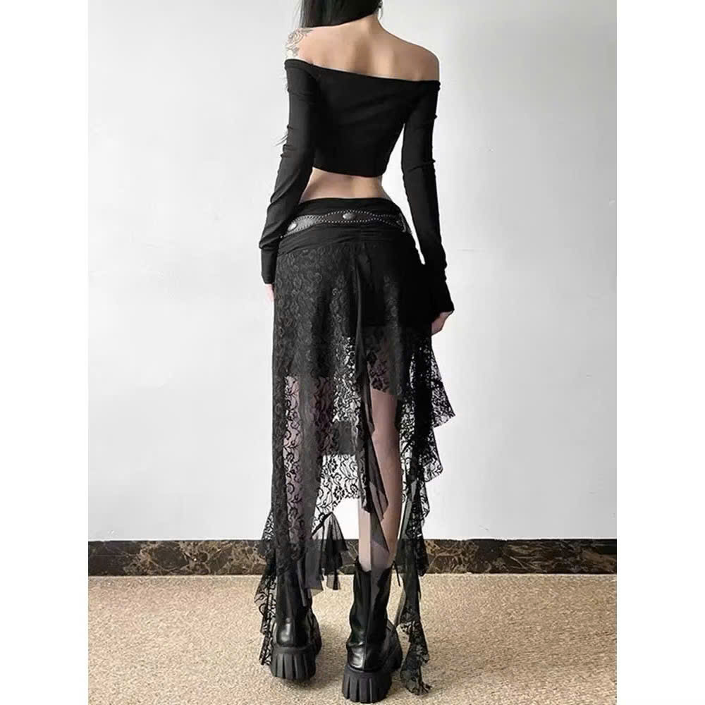 P154 - trendy layered slanted lace skirt with sexy personality tassels ...