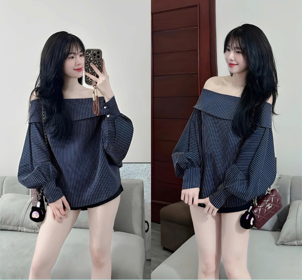 Green Vertical Striped Off-Shoulder Blouse with Thai Cross, Loose Form ...