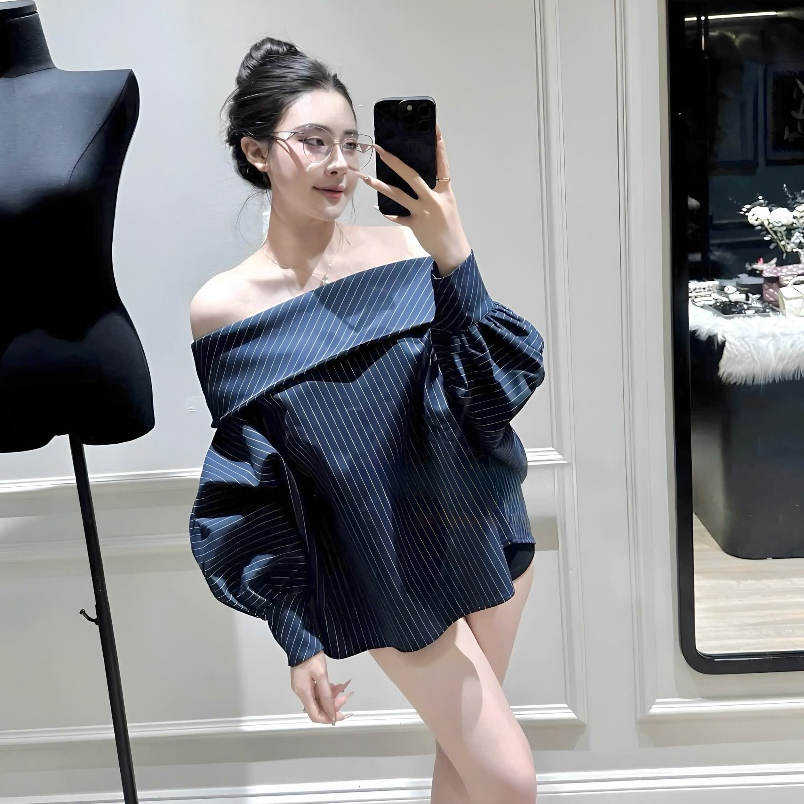 Green Vertical Striped Off-Shoulder Blouse with Thai Cross, Loose Form ...