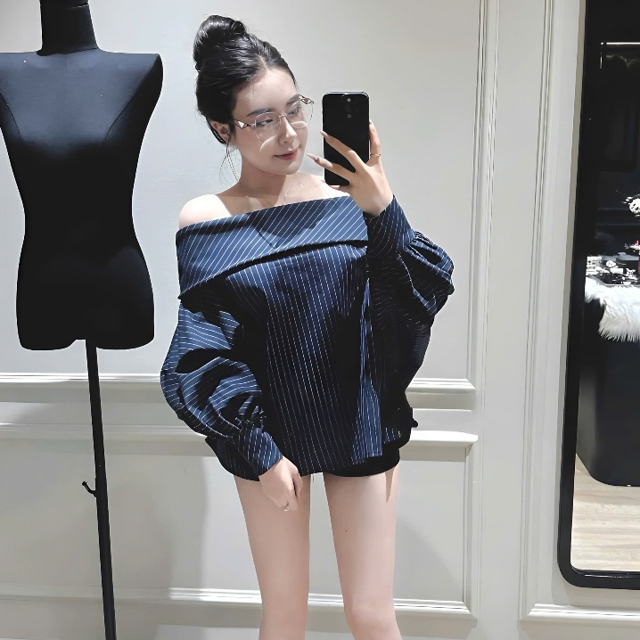 Green Vertical Striped Off-Shoulder Blouse with Thai Cross, Loose Form ...