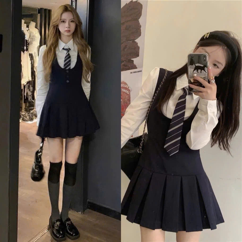 White Shirt Set with Loose Cavat Mixed with Korean Style Pleated ...