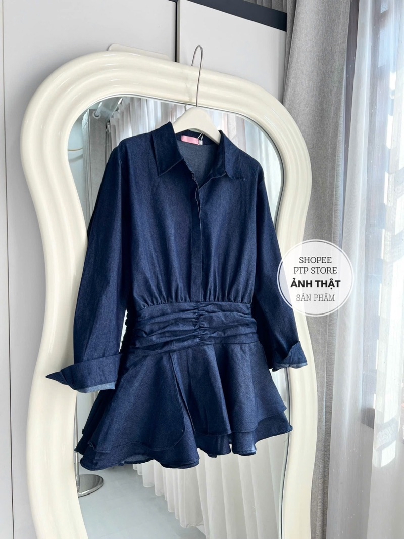 [V1.821] Personality Flared Long Sleeve Ruffled Cowboy Shirt Dress ...