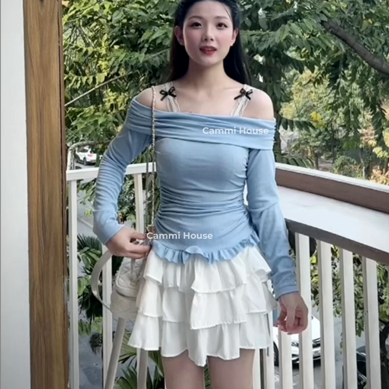 Set blue stretch elastic off-the-shoulder top + short white flared 3-layer skirt in ladylike ...