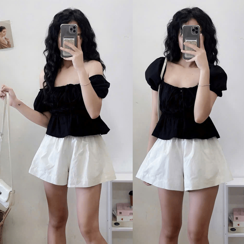 Pretty linen babydoll shirt with puffed sleeves, princess style, bow ...