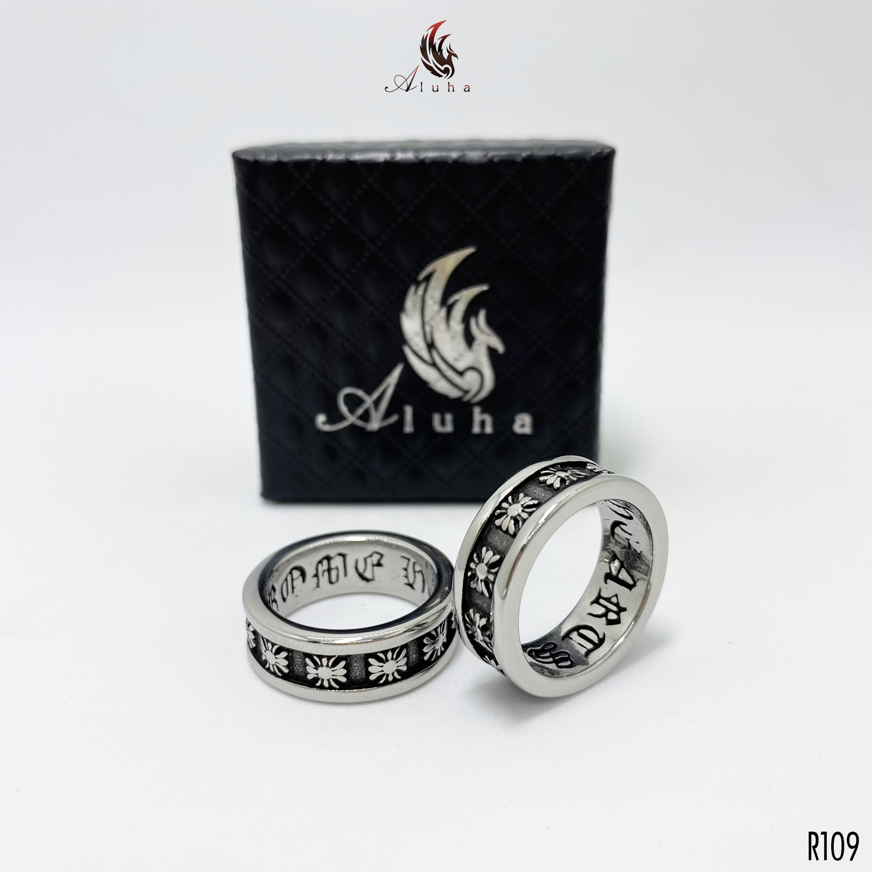 8mm Titanium ring, sophisticated Chrome Heart with retro Iris flower ...