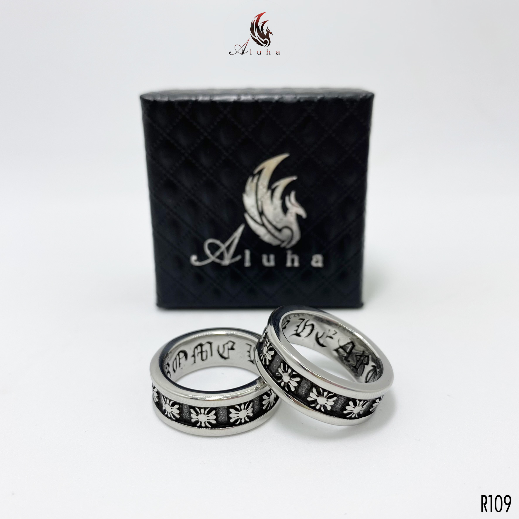 8mm Titanium ring, sophisticated Chrome Heart with retro Iris flower ...