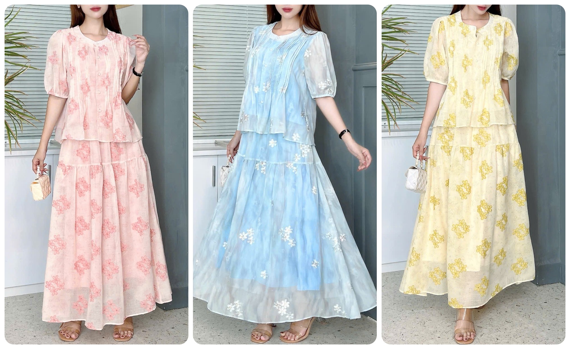 Mimix Baby Doll Set Short Sleeve Pleated Blouse with Long Flared Skirt ...