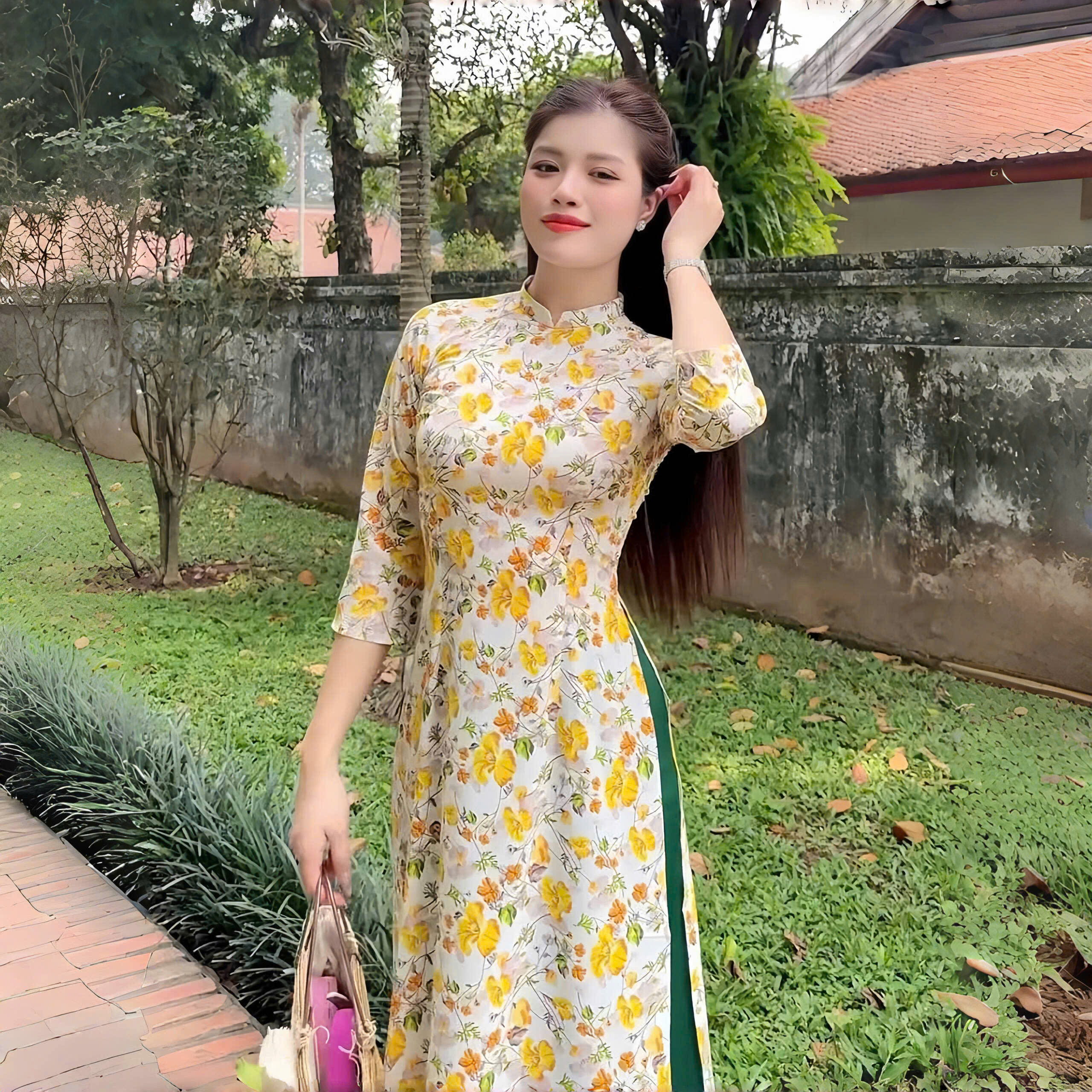 Yellow floral ao dai with high collar code K10 | Shopee Philippines
