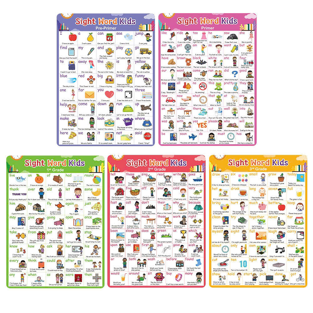 Complete set of 5 posters sight words kids 220 words + mp3 listening ...