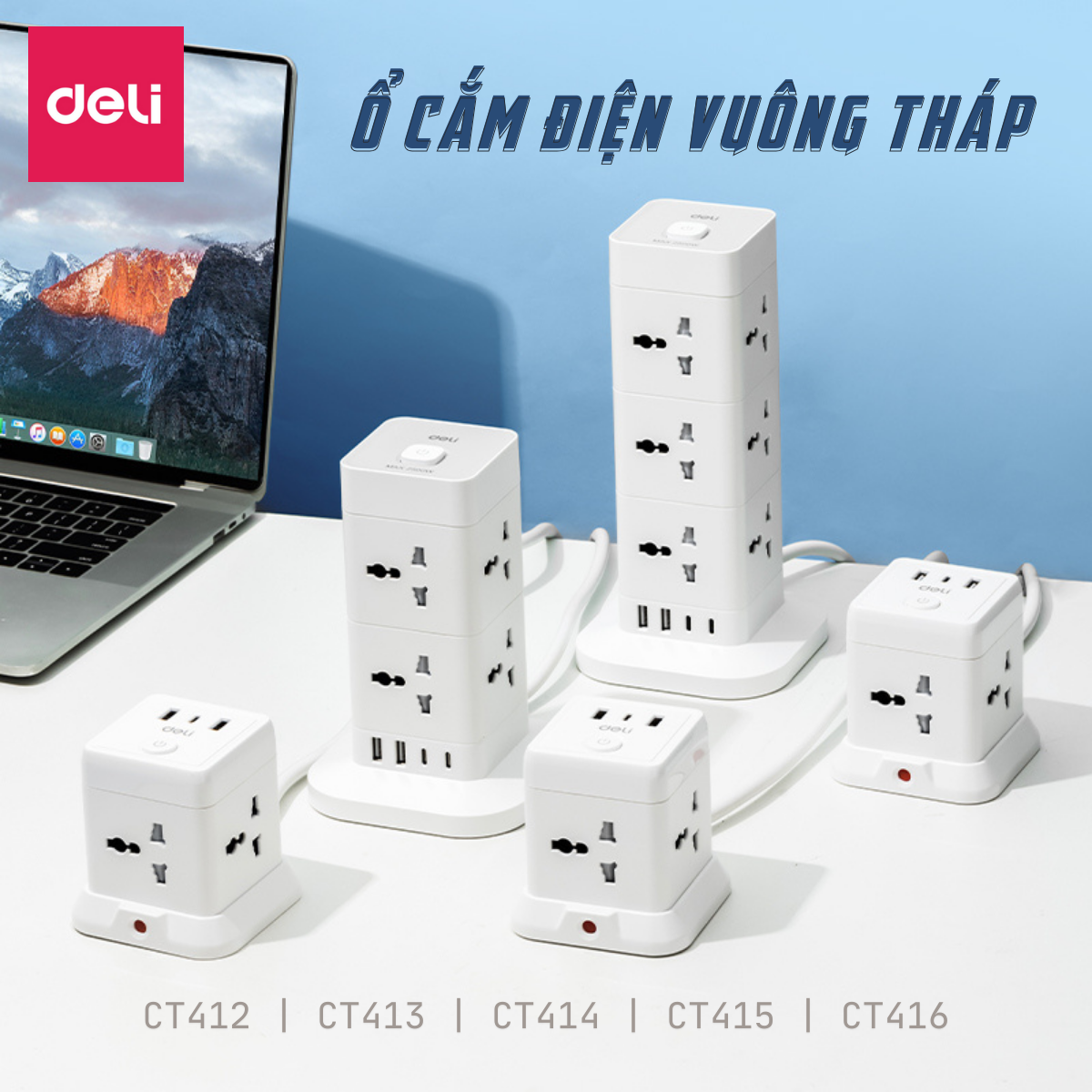Deli Tower Square Power Socket USBTypeC Fast Charging 20W Auto-Stop ...