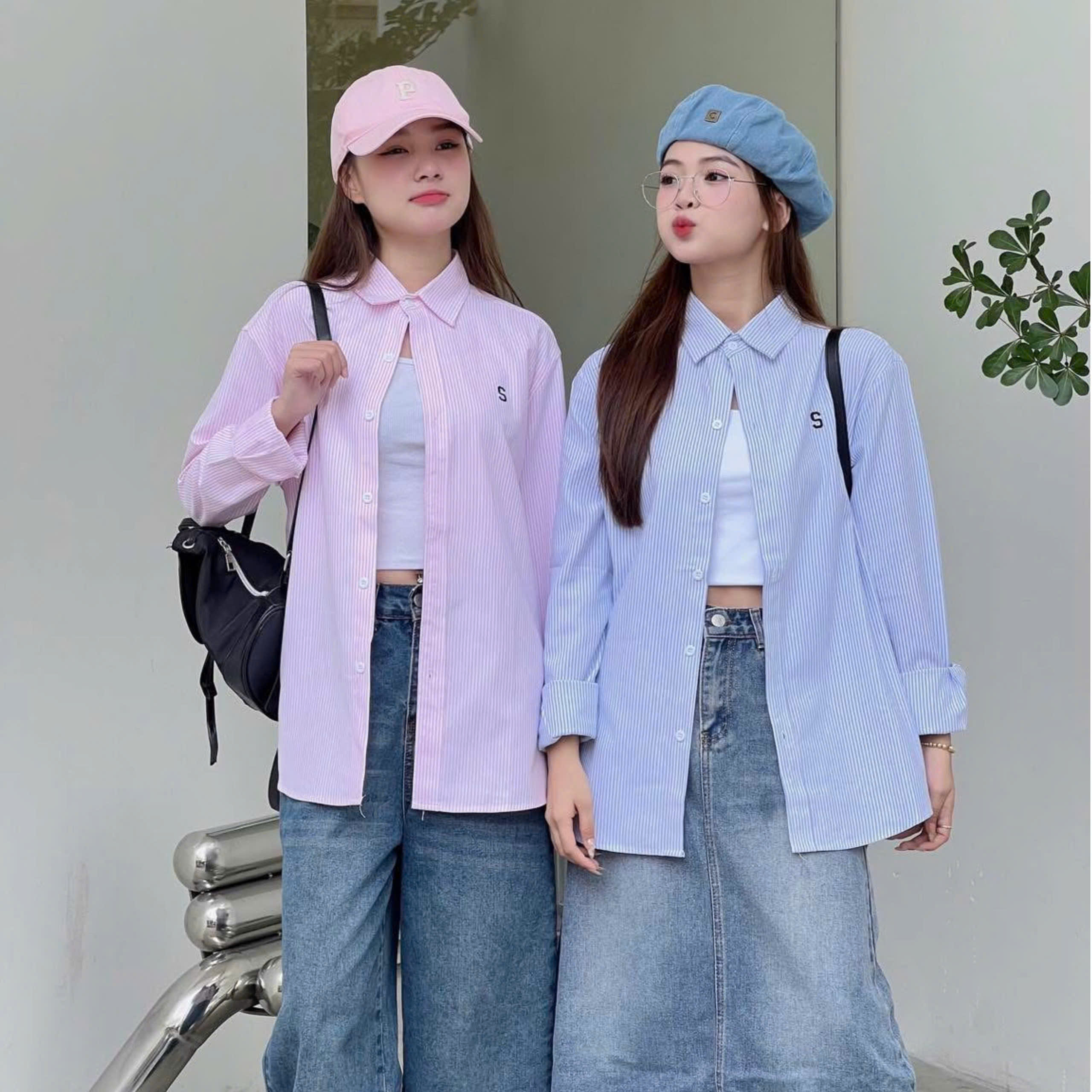 Women's long-sleeved loose oxford shirt with plaid pattern embroidered with the letter S basic 2 ...