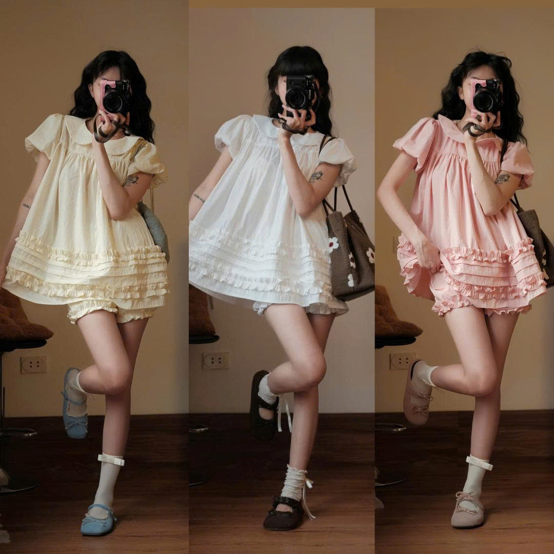 (Free shorts) Babydoll Dress with Lotus Collar 2 Layers Loose Form ...