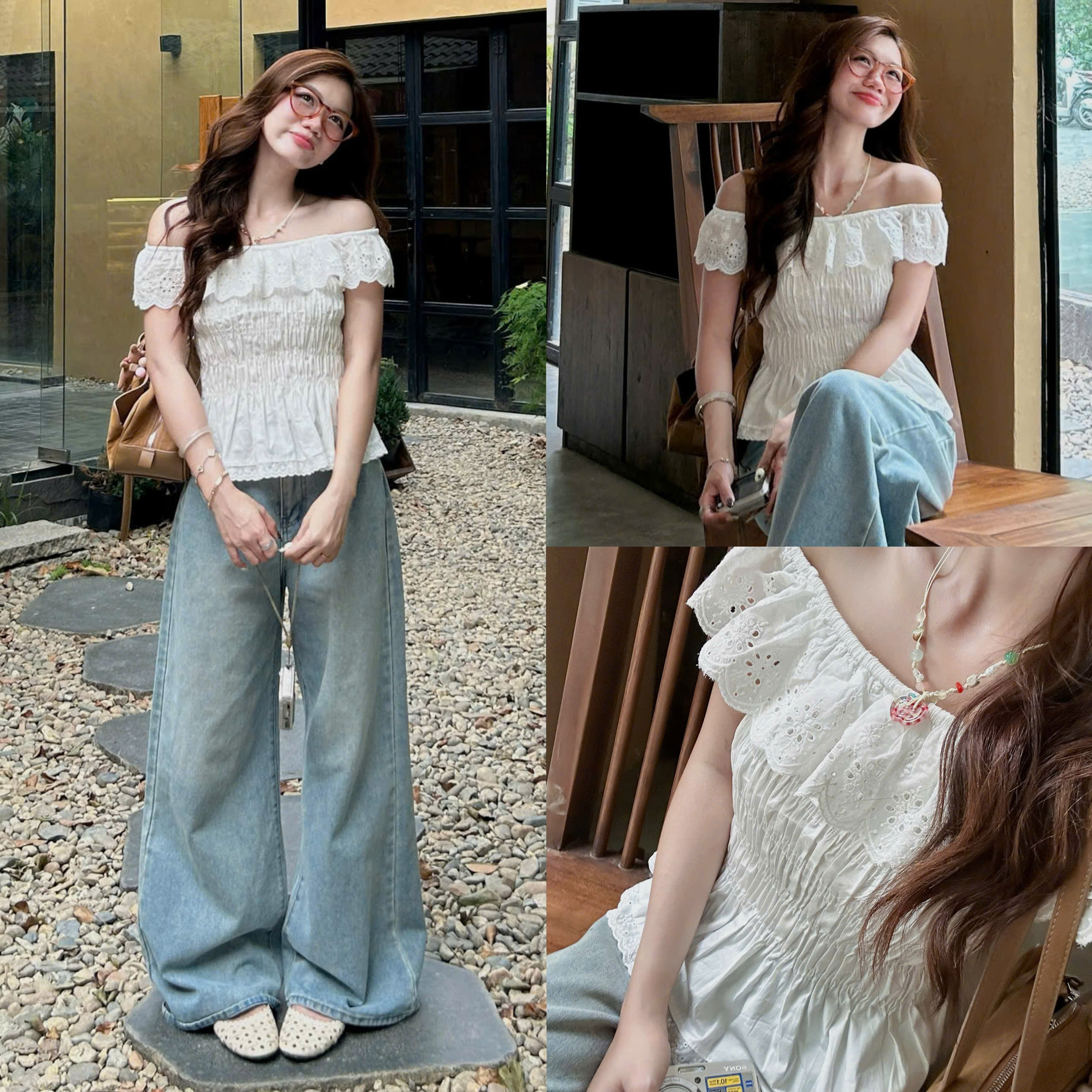 (OLDSCHOOL PHOTO) Women's off-the-shoulder lace blouse A3907 Iris Top ...