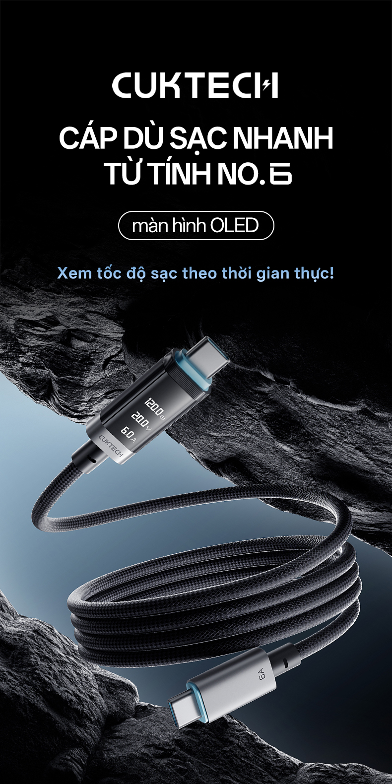 CUKTECH 240W 6A Type-C to C Fast Charging Cable Magnetic Digital ...