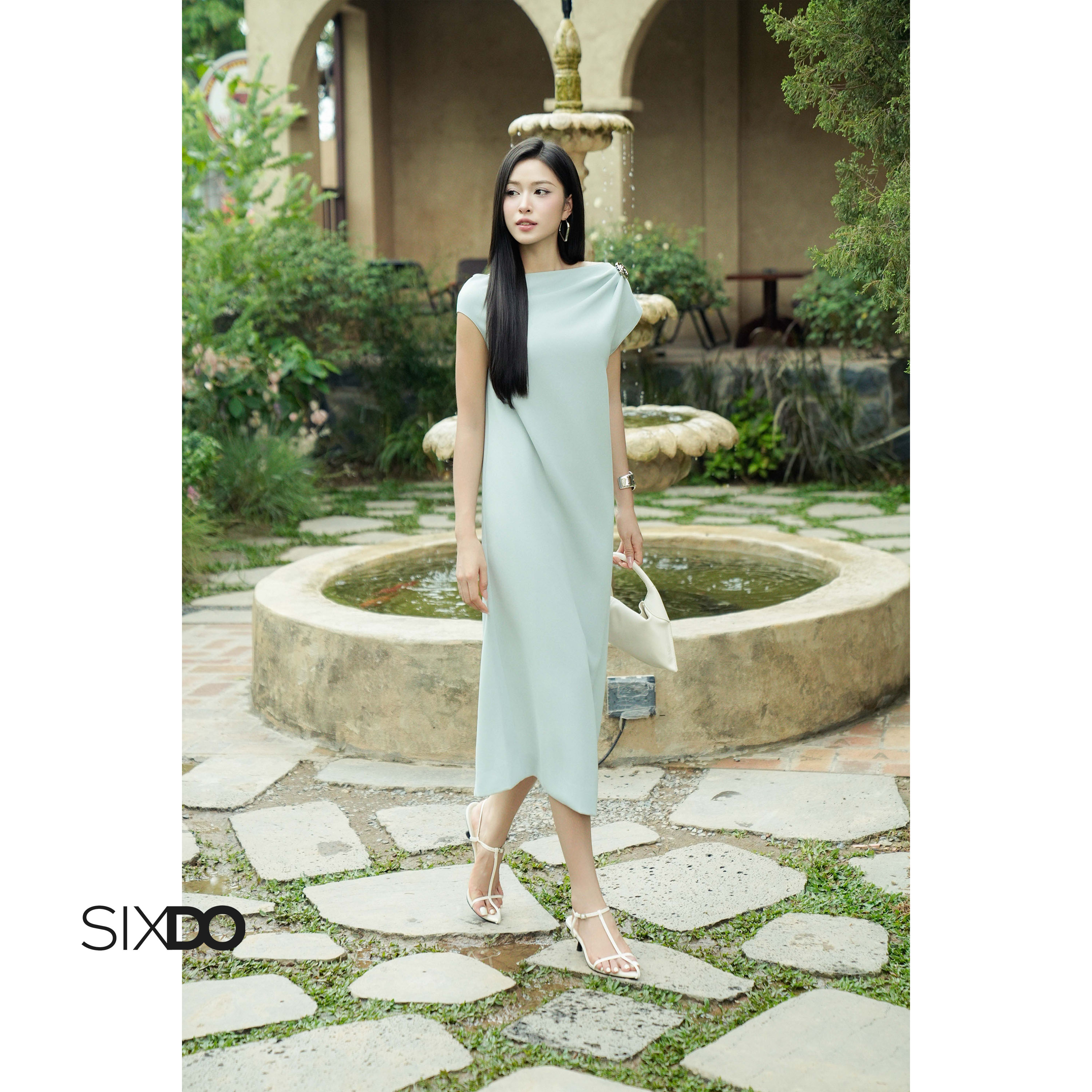 SIXDO Off-the-Shoulder Straight Dress (Light Mint Woven Loose Dress ...