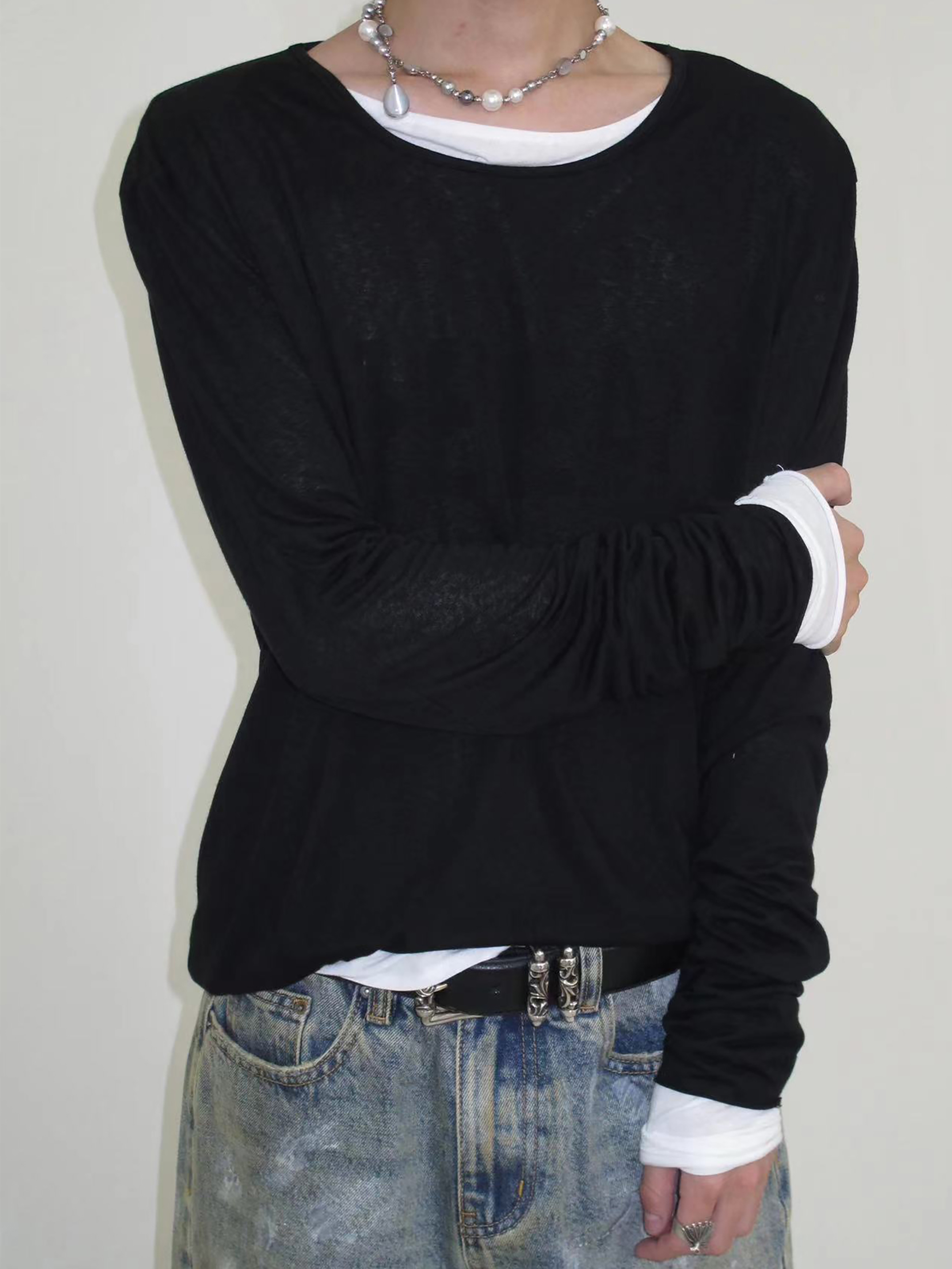 W311Dotcom* | 160G Ice-Feel Linen Cotton Patchwork Long Sleeve Layered ...