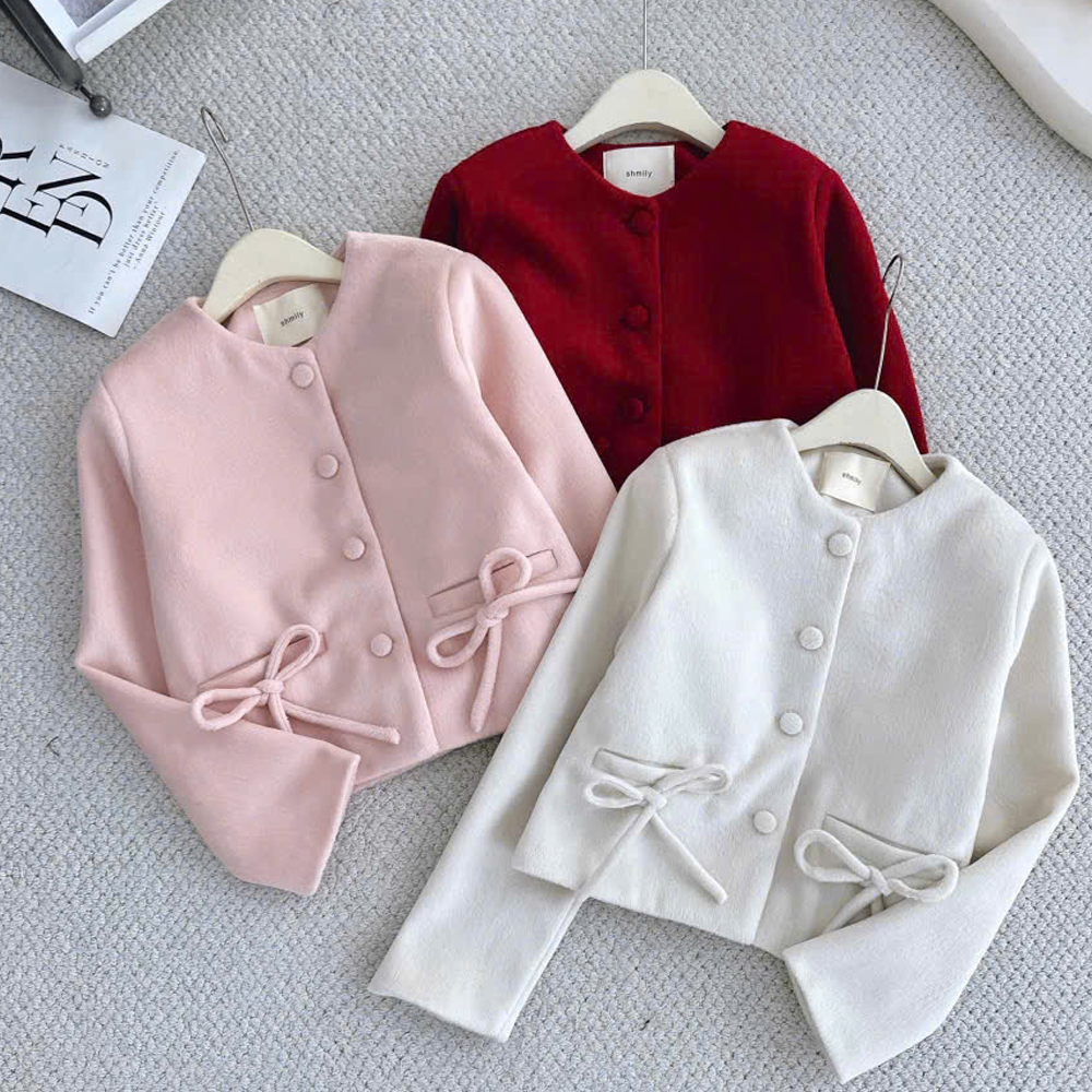 Jacket Pressed Fur Round Neck Short Bag With Bow Tie Button Wrap Korean ...