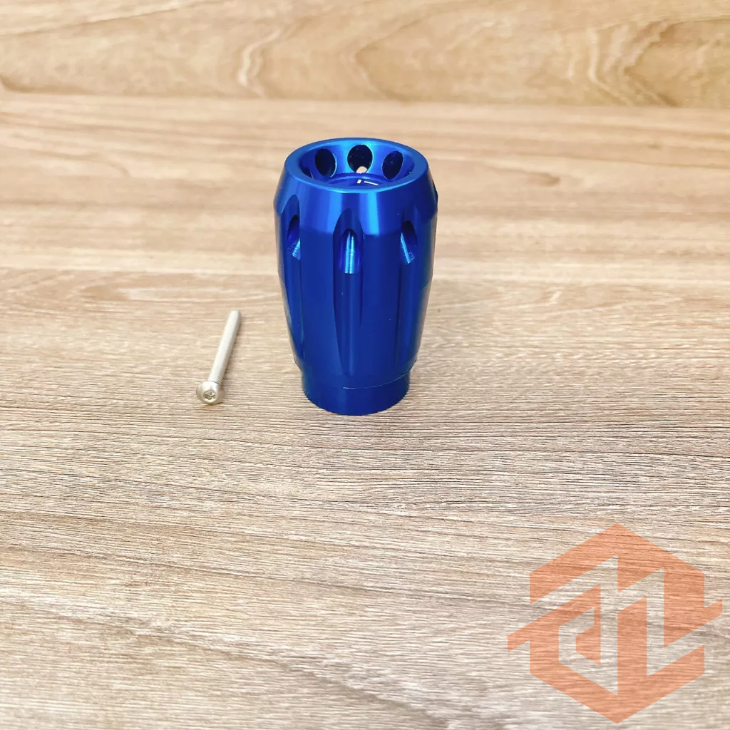 Rocket adjustment knob installed for HPA, blue outer knob, blue, yellow ...