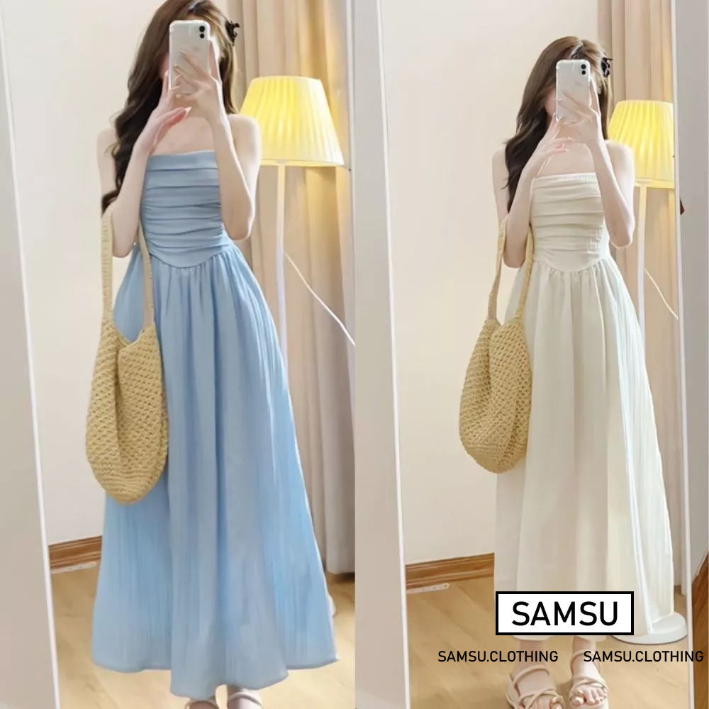 Women's long pleated spaghetti straps dress with 2 Korean styles of ...