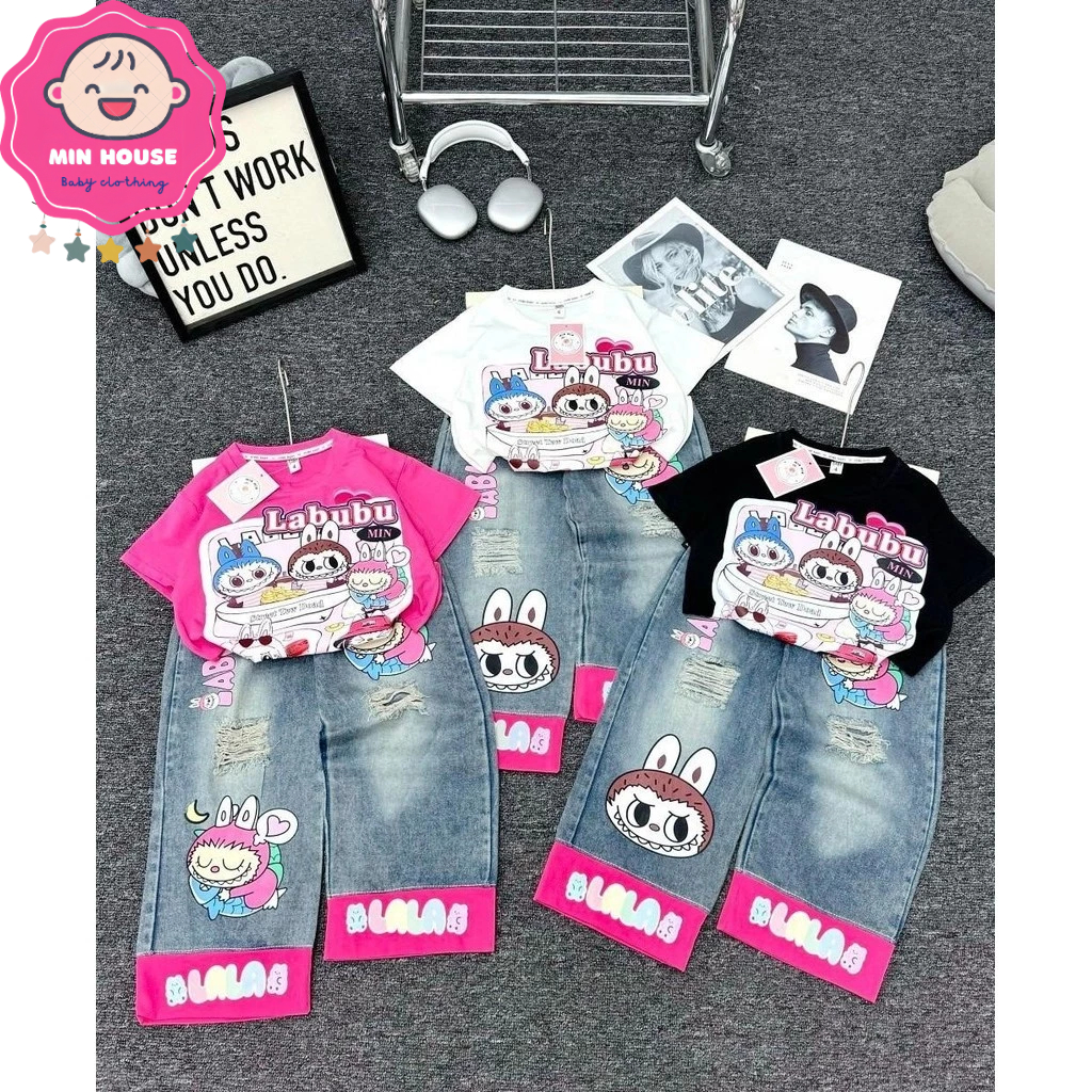 Min’s House_Kid Set of cotton t-shirts and LABUBU Ripped JEANS for ...