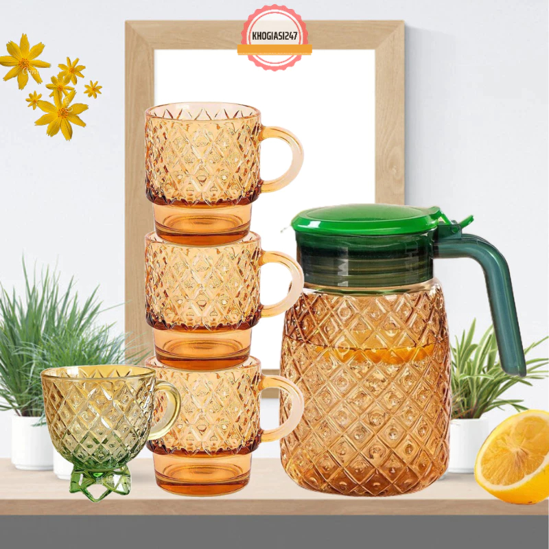 Glass Vase Set with 4 Premium Pineapple-Shaped Cups in Amber Color ...