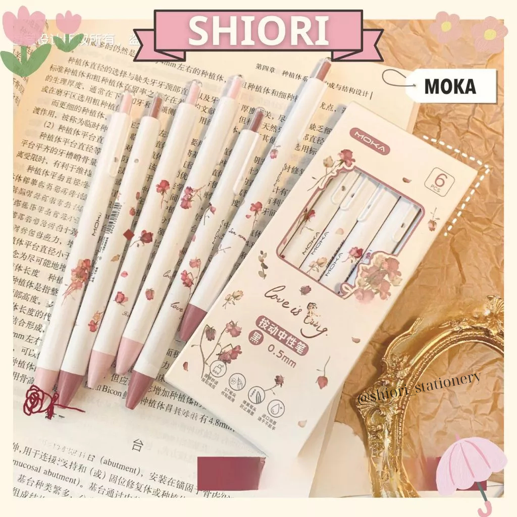 Moka Rose Love Gel Pen Black Ink Nib 0.5mm Set of 6 Moka Press Pens for ...