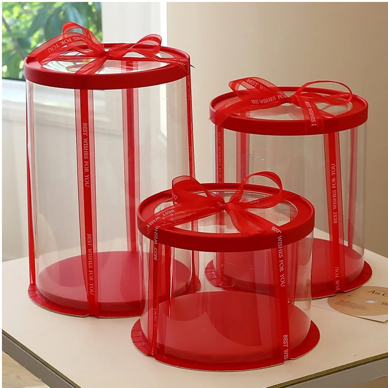 Round Clear Mica Plastic Box with Red Base and Red Lid for Cakes and ...