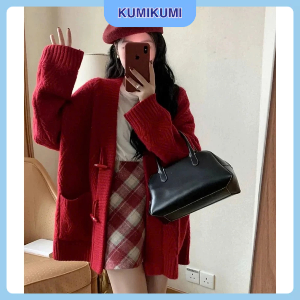 Kumi Red Wool Cardigan with Buttons, Super Flattering Loose ...