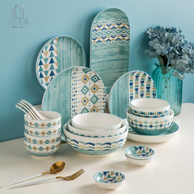 Porcelain dish set, porcelain dining table set with ocean blue pattern ...