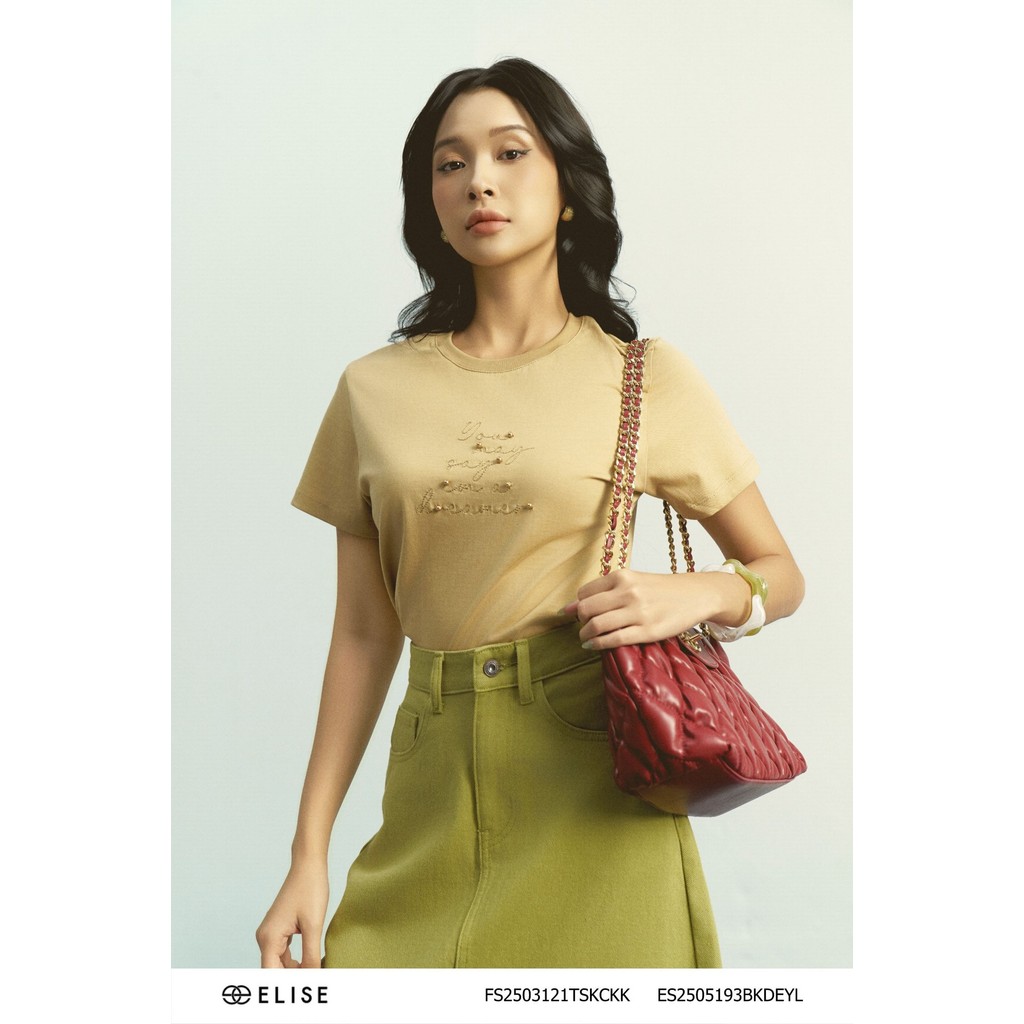 Elise FS design embroidered khaki t-shirt with pearls2503121TSKCKK ...