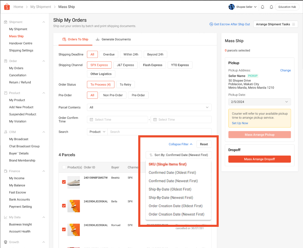 Mass arranging shipment with Shopee Supported Logistics partners ...