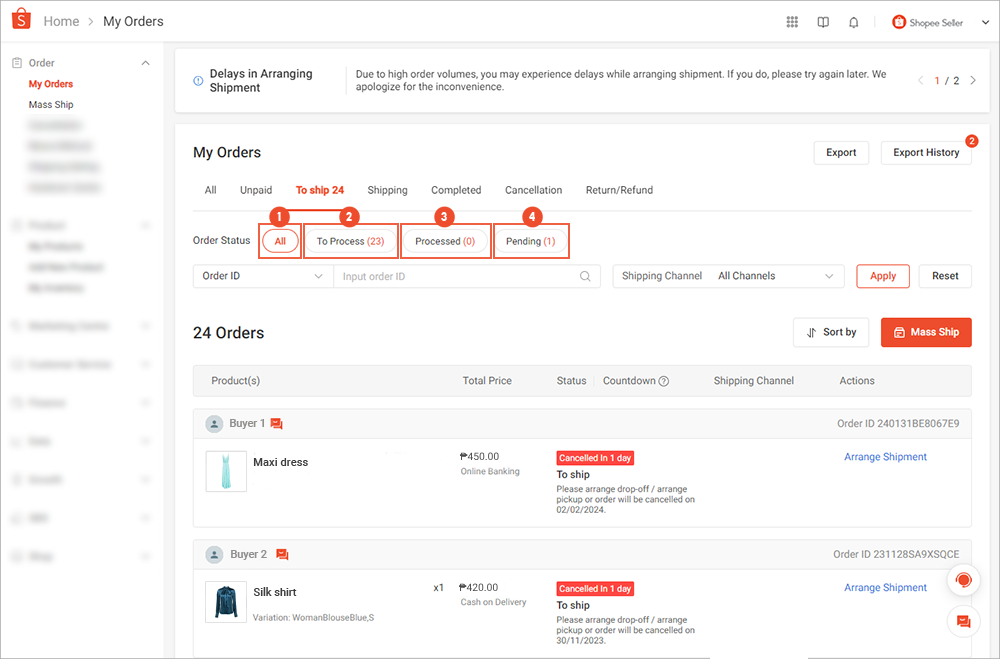 Checking shipping status of orders | Shopee PH Seller Education Hub